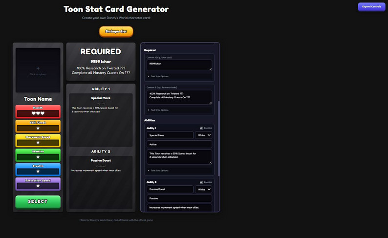 Dandy's World: Toon Stat Card Generator by Stellate