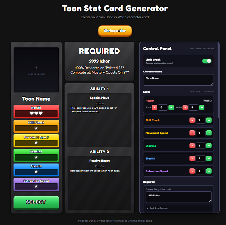 Dandy's World: Toon Stat Card Generator by Stellate