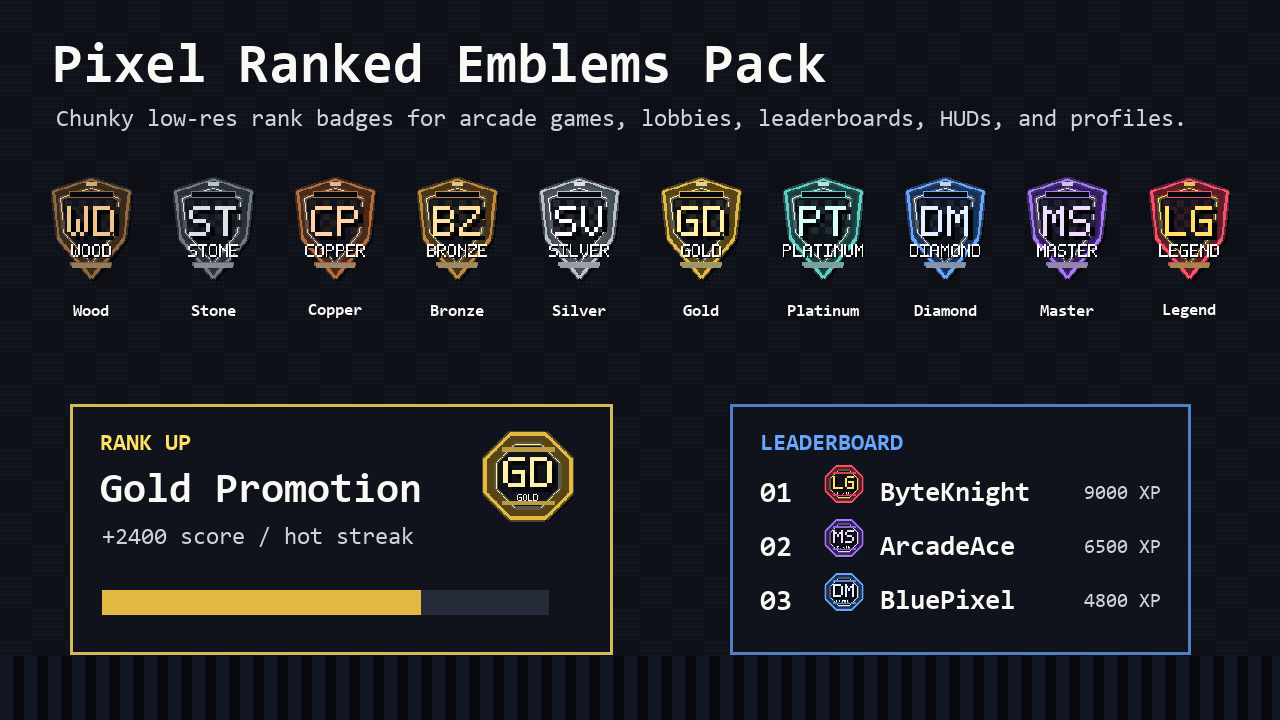 Pixel Ranked Emblems Pack - Wood to Legend UI Assets by Template Foundry