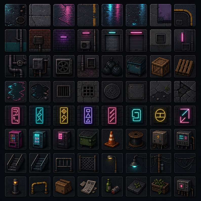 Neon Alley Pixel Tileset Pack by godboyhappy