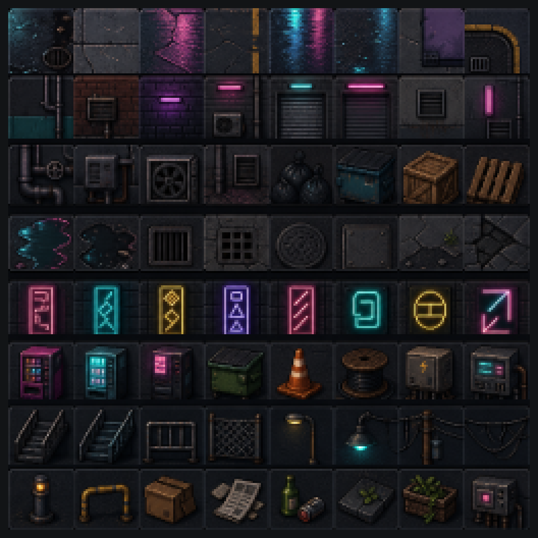 Neon Alley Pixel Tileset Pack by godboyhappy