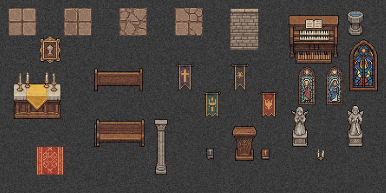 Cozy Medieval Church Interior – Pixel Art Assets by MutterPixel Studio