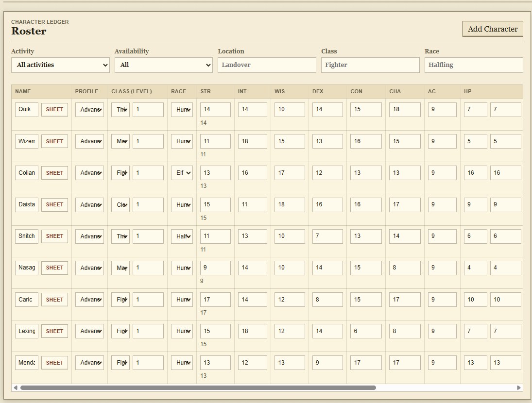 v.0.3.1 - Character Sheets - Dungeons and Data by quikdagger