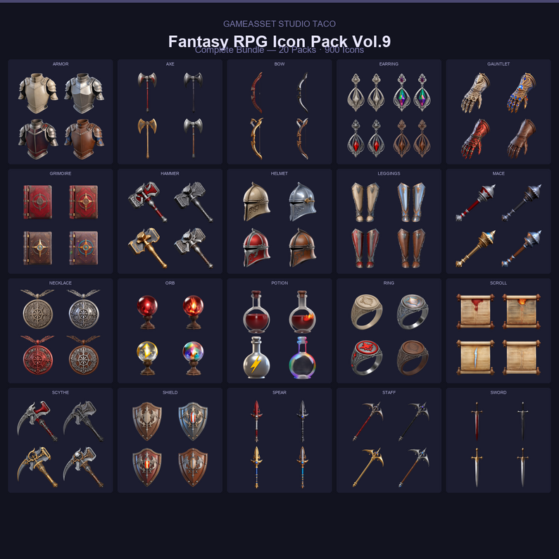 Fantasy RPG Icon Pack Vol.9 Complete Bundle — 900 Icons / 20 Packs by ...
