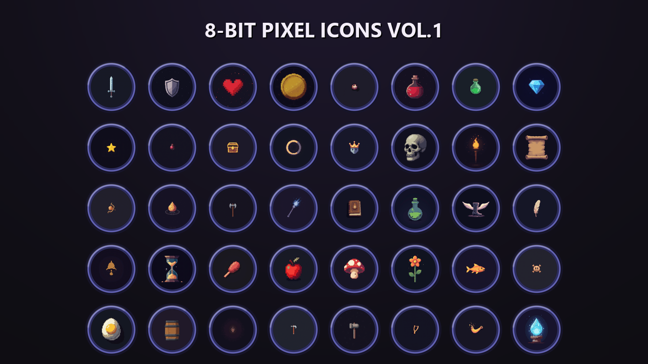 8-Bit Pixel Icons Vol.1 - 40 Retro Pixel Art Game Icons by BALOOD