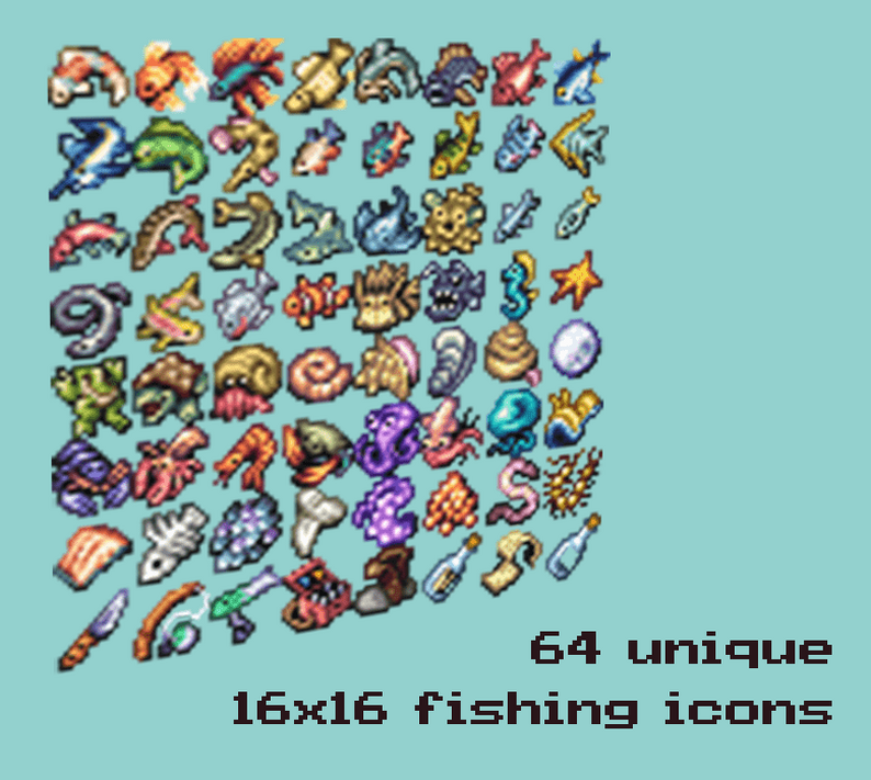 Pixel Art Icon Sprites & Object Set - Fishing Gear by Seliel the Shaper