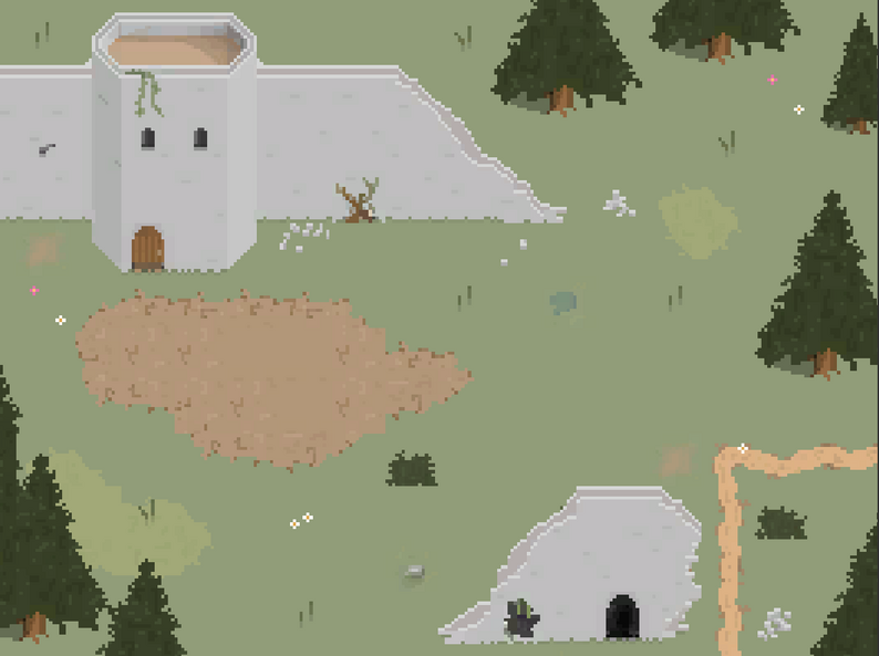 16x16 castle and wall ruins in the forest rpg tileset by pellaore