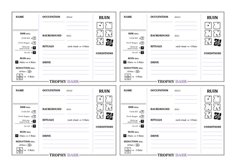 Trophy Dark Character Sheets by Nicolas Folliot