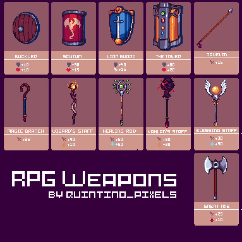 Free Pixel Art Fantasy Weapons by Quintino Pixels