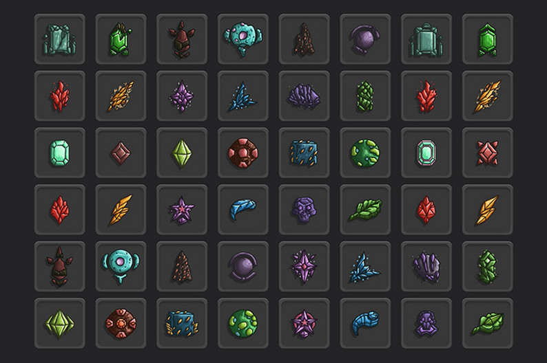 48 Magic Gems Vector Icons by Free Game Assets (GUI, Sprite, Tilesets)