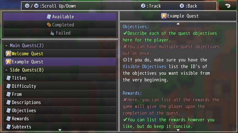 Quest Journal System plugin for RPG Maker MZ by VisuStellaMZ