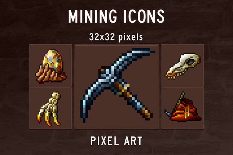 48 Mining Icons Pixel Art by Free Game Assets (GUI, Sprite, Tilesets)