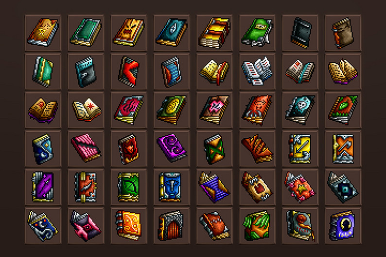 48 Magic Books Pixel Art Icons by Free Game Assets (GUI, Sprite, Tilesets)