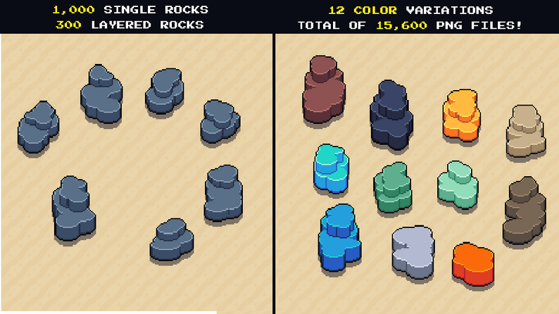 1300 Pixel Art Rocks Pack by CodeManu
