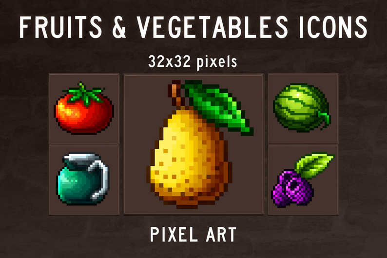 48 Fruits and Vegetables Pixel Art Icons by Free Game Assets (GUI ...