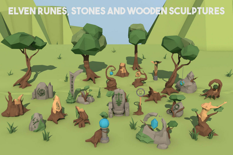 Elven Runes Stones and Wooden Sculptures 3D Models by Free Game Assets ...