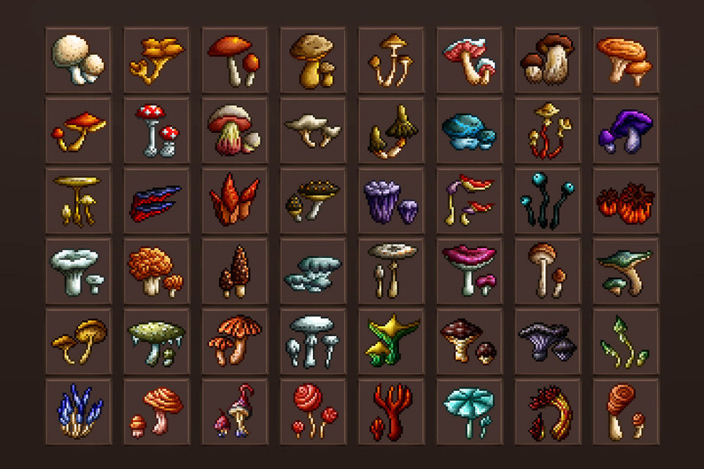 48 Mushroom Pixel Art Icons by Free Game Assets (GUI, Sprite, Tilesets)