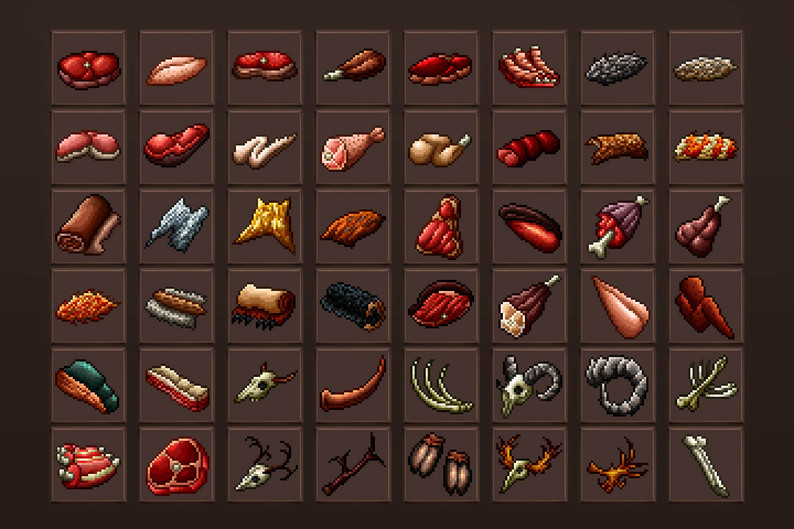 48 Meat and Skins Pixel Art Icons by Free Game Assets (GUI, Sprite ...