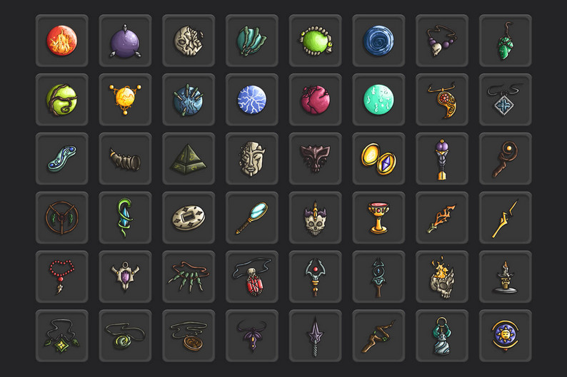 48 Magic Artifact RPG Icons by Free Game Assets (GUI, Sprite, Tilesets)