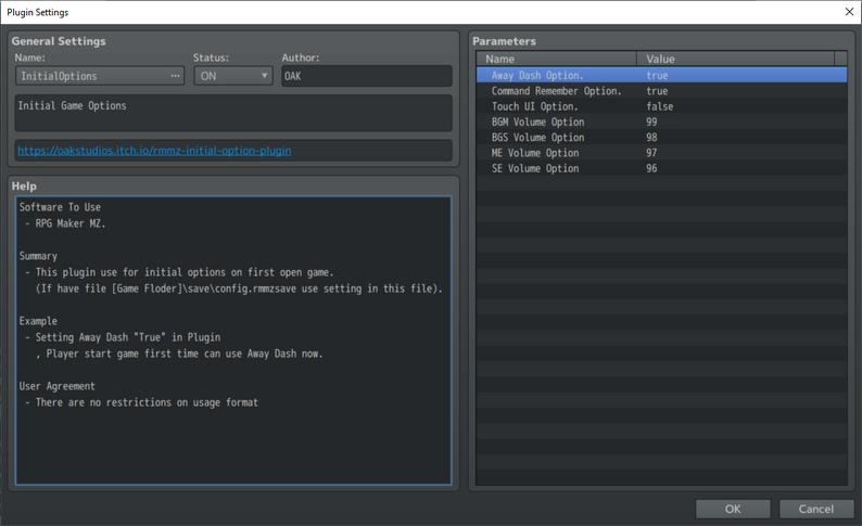 RMMZ Initial Option Plugin by Oak Studios