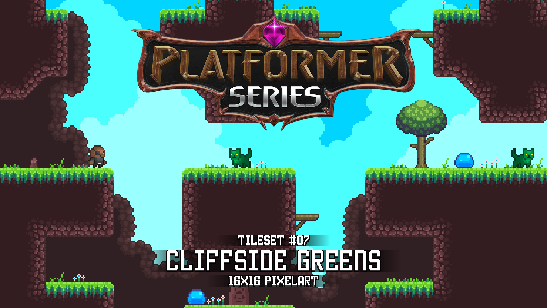 Platformer Tileset Cliffside Greens 16x16 Pixelart by ELV Games