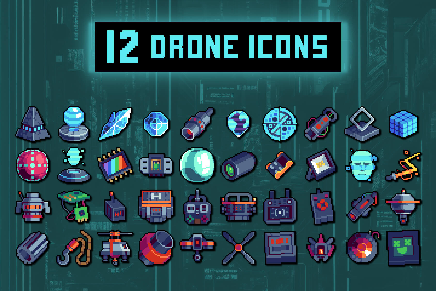 Drone Pixel Art Icon Pack for Cyberpunk by Free Game Assets (GUI ...