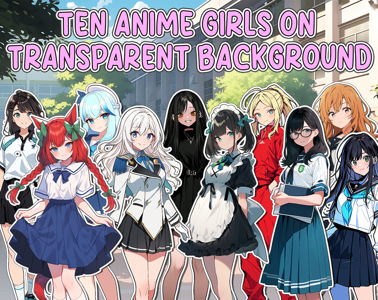 10 Anime girls on transparent backgrounds by DeliriumT