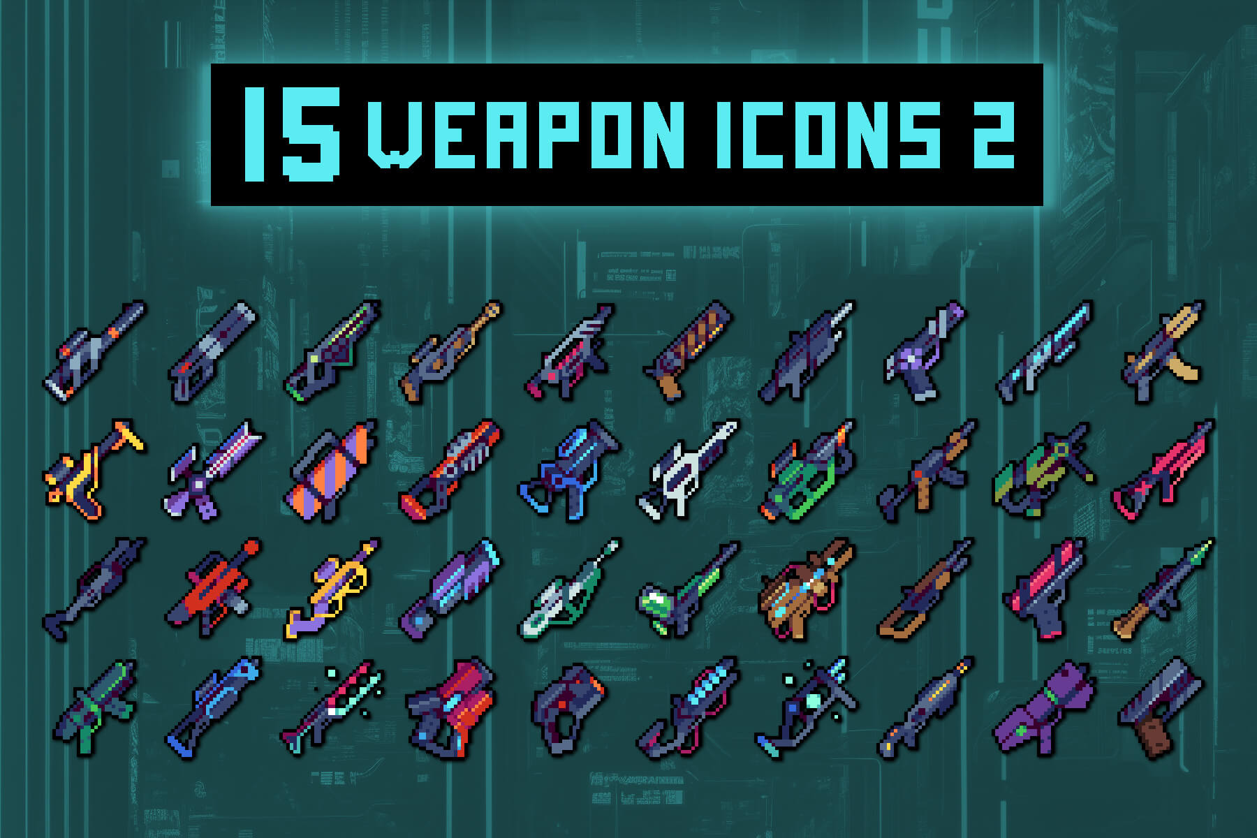 Cyberpunk Firearm Pixel 32×32 Icons Pack by Free Game Assets (GUI ...