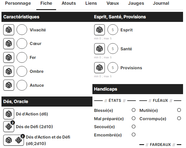 Fiches de personnages / Character sheets Fari App FR by Mori Drak