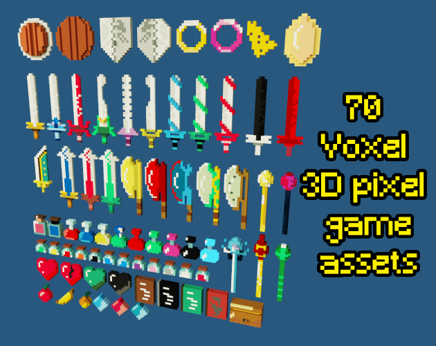 70 Voxel pixel art RPG game assets 3D by TheRustyArt