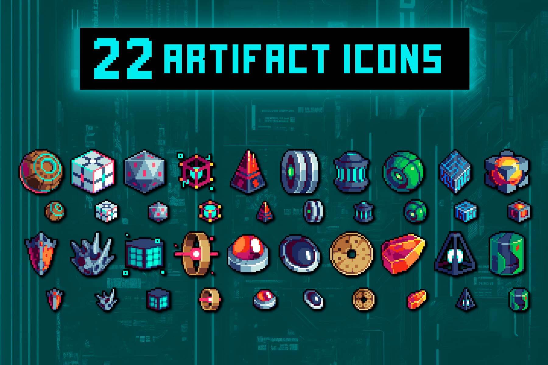 Artifact Pixel Icons for Cyberpunk by Free Game Assets (GUI, Sprite ...