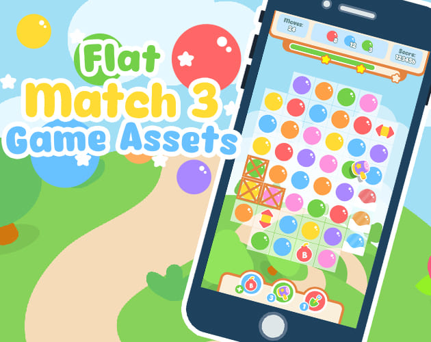 Flat Match 3 Game Assets + GUI by Renderman