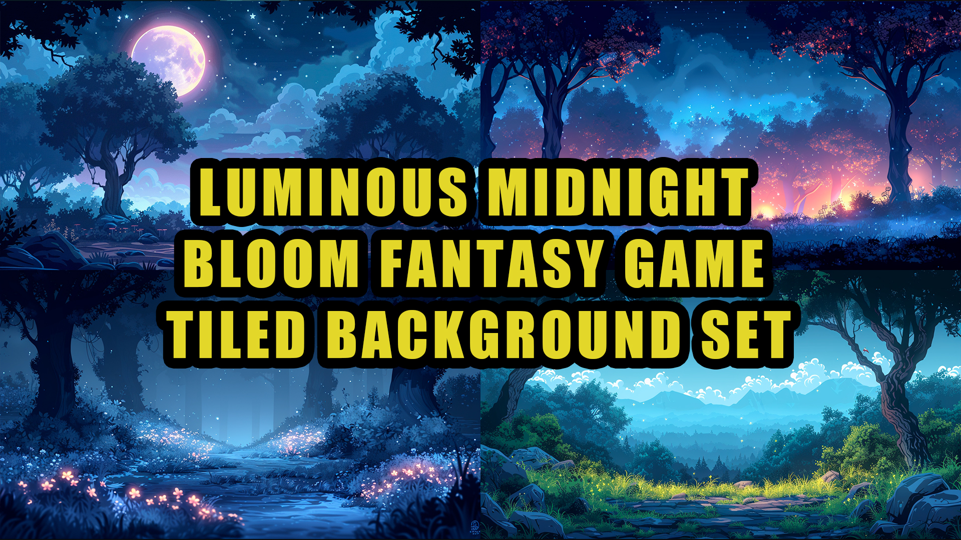Luminous Midnight Bloom Fantasy Tiled Background Set by MALSER_GAMEDEV