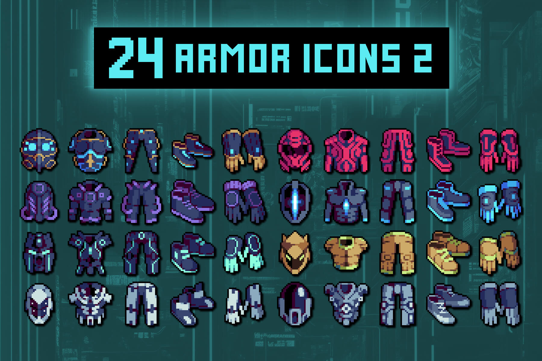 Cyberpunk Armor Pixel Icons by Free Game Assets (GUI, Sprite, Tilesets)