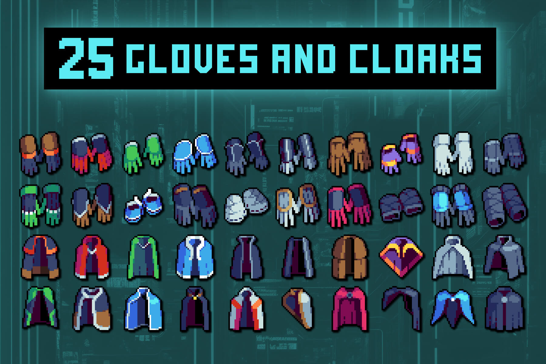 The Cyberpunk Gloves and Cloaks Pixel Icon Set by Free Game Assets (GUI ...