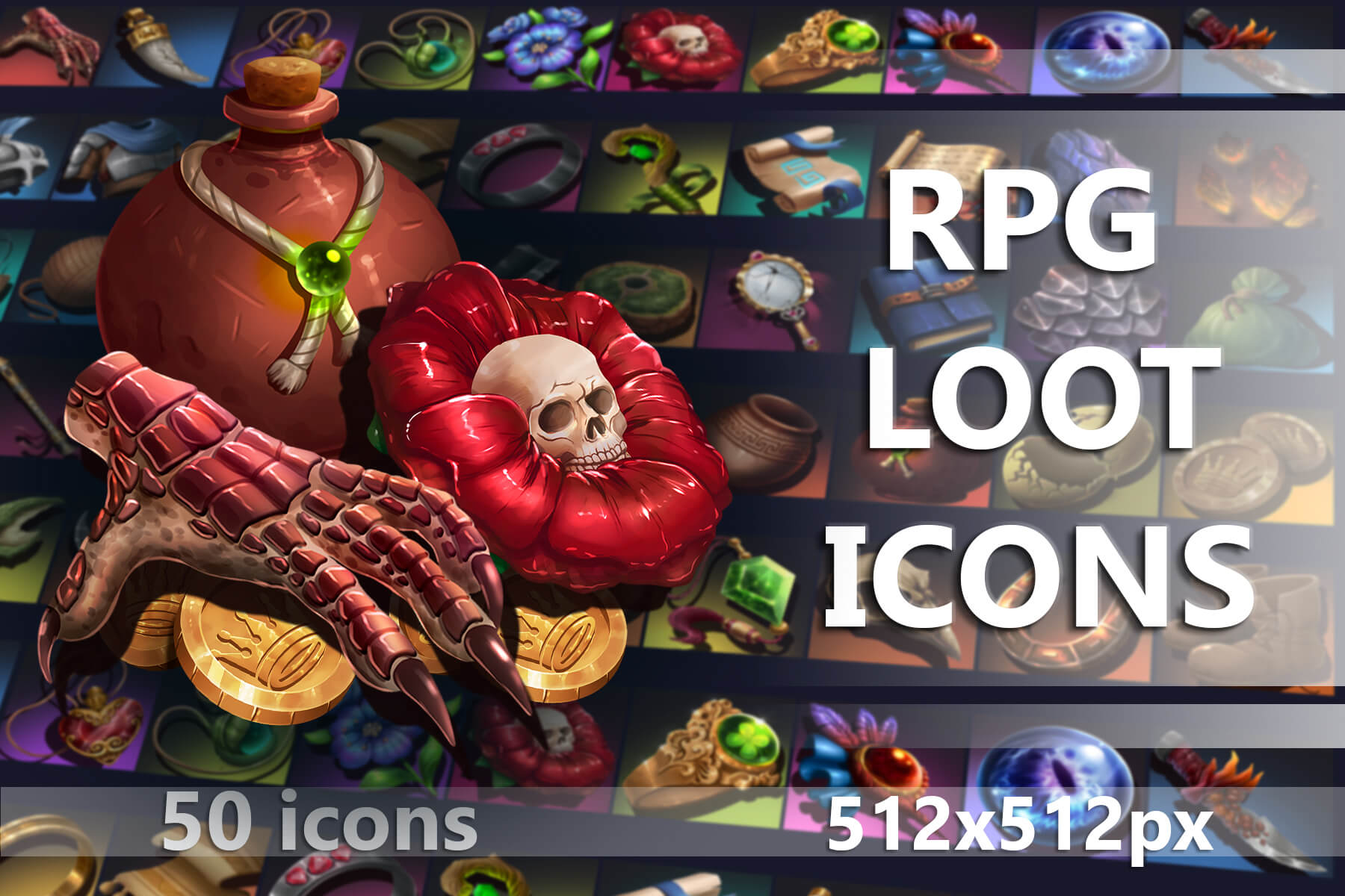 Loot Icons 512×512 RPG Pack by Free Game Assets (GUI, Sprite, Tilesets)