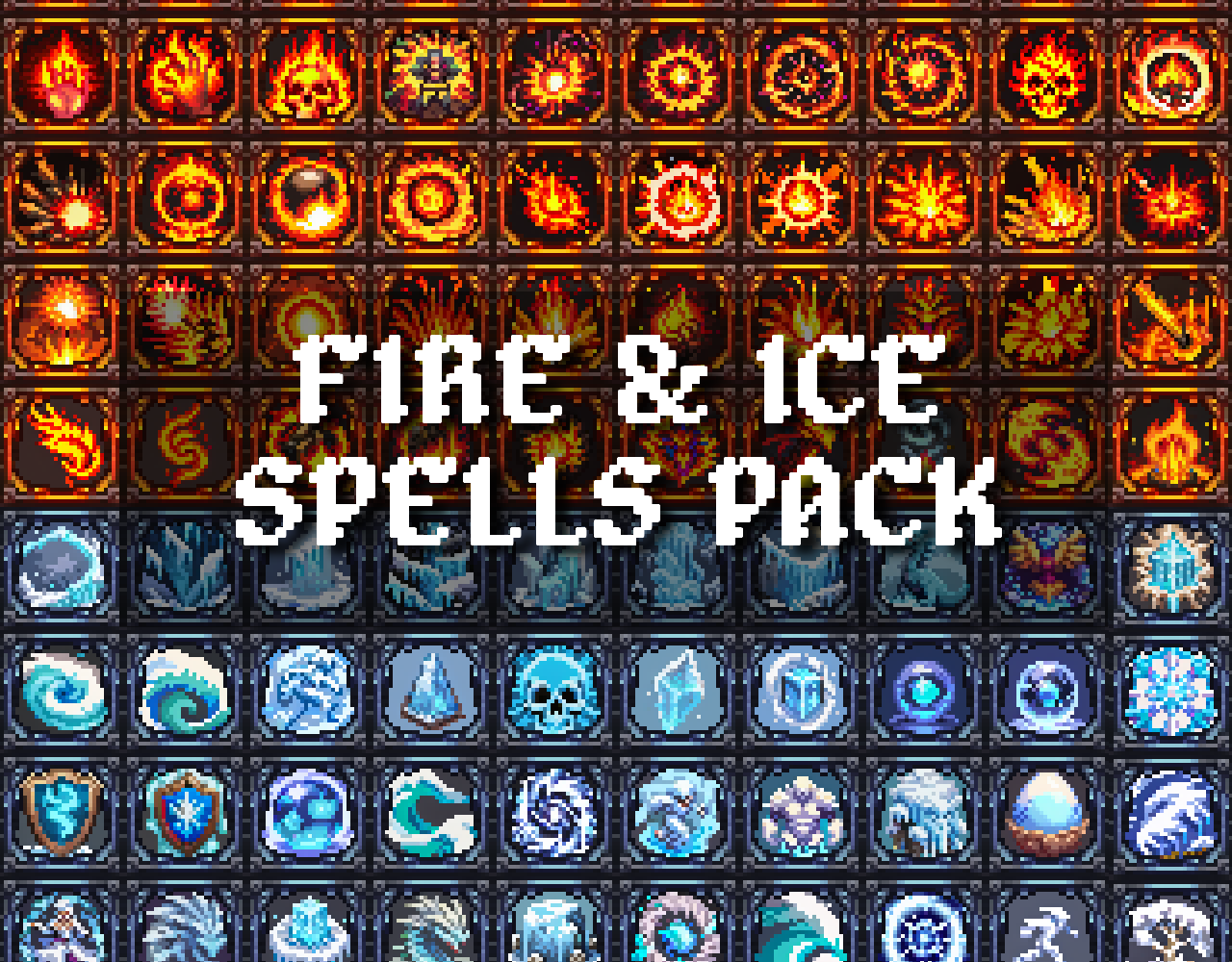 100+ Ultimate Fire & Ice Spells Pixel Art Pack - RPG Fantasy Buffs ...