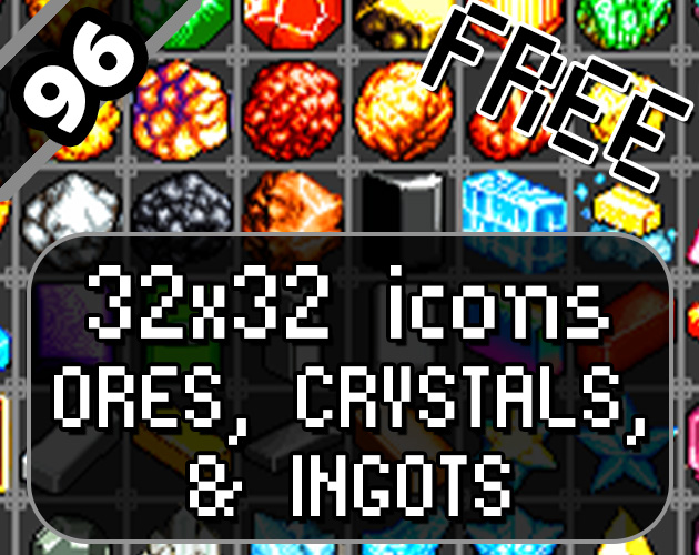 Free! 96 Pixel Art Icons: Ores, Ingots, & Crystals by ancient-inscriptions