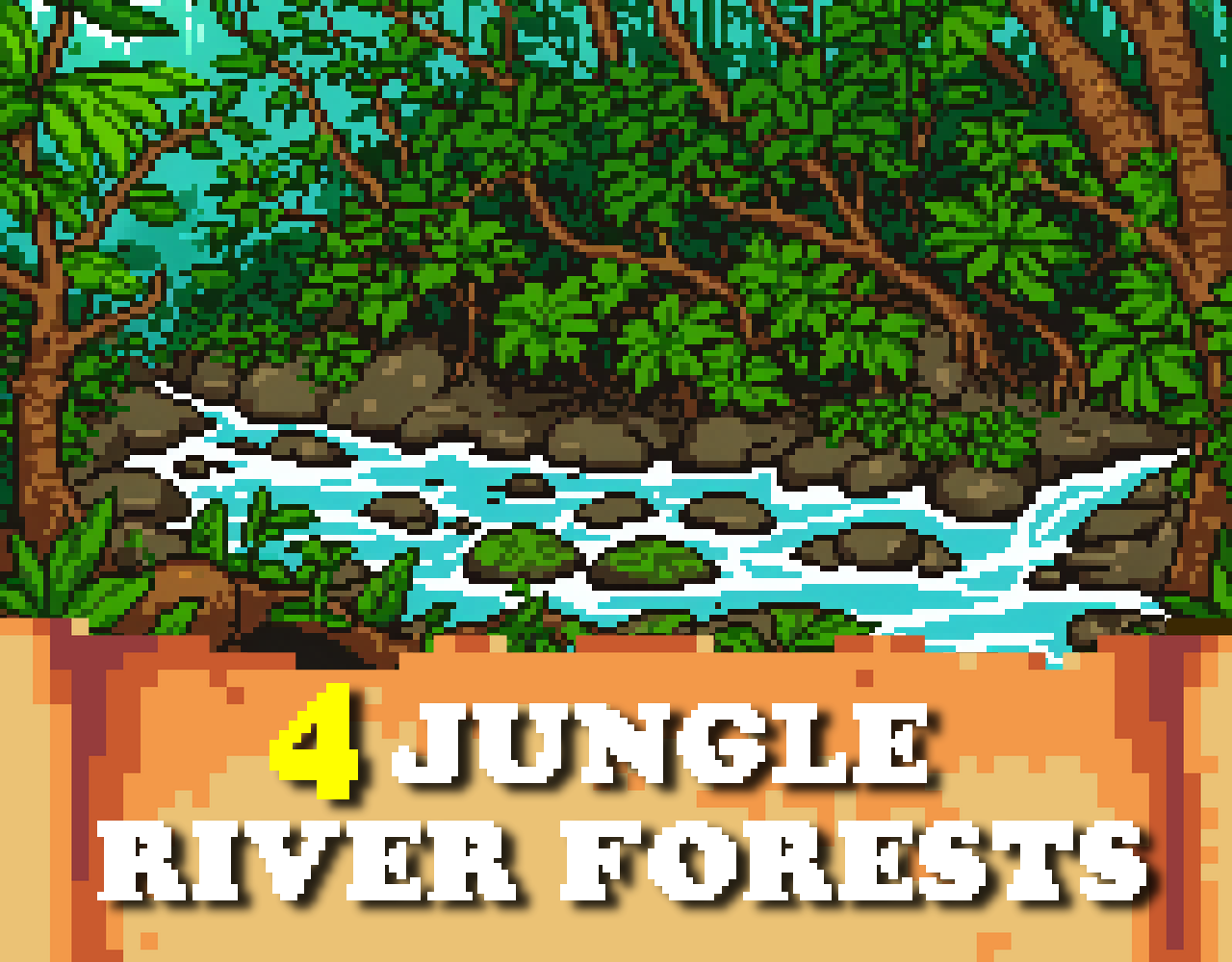 4 beautiful Jungle Forest River Backgrounds Assets - Pixelart / Pixel ...