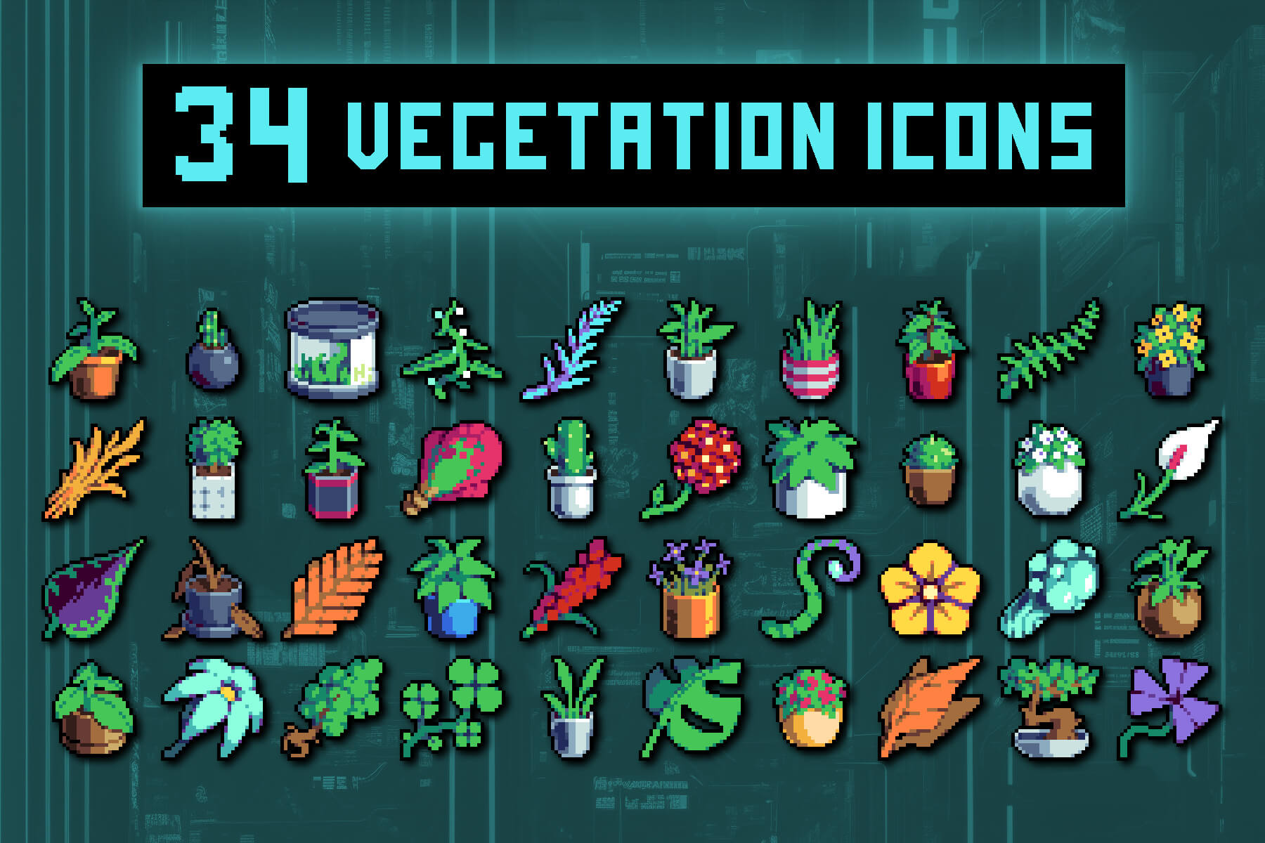 Vegetation Pixel Icons 32×32 by Free Game Assets (GUI, Sprite, Tilesets)