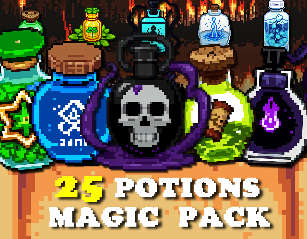 25 Magic Potions Asset - Pixelart / Pixel Art sprite collectible Pack RPG by CaptainSkolot