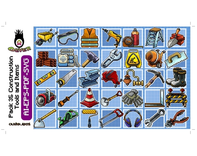 Pack 35 Construction Tools and Items,Pixel art file,Vectorized,high ...