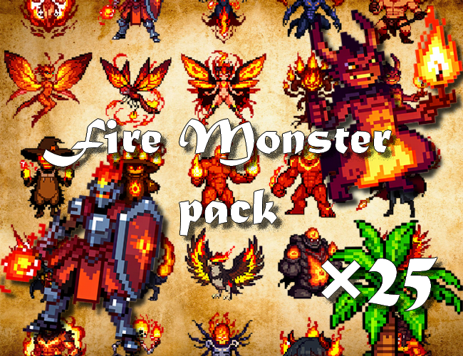 25 Fire Monsters --- Pixel Art Fire Monster Pack by PixiePirat
