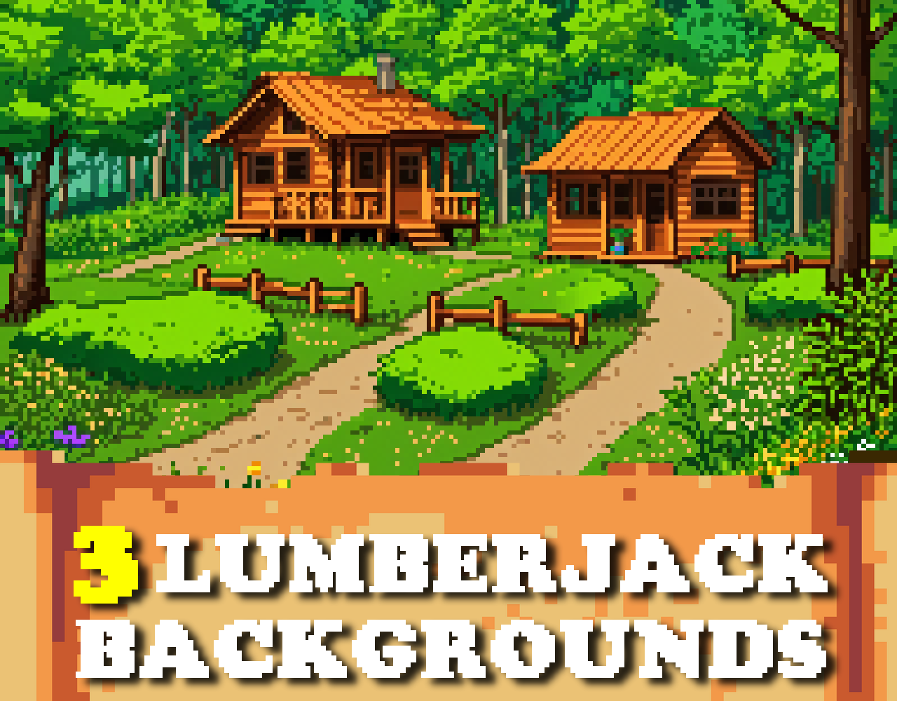 3 beautiful Lumberjack House Backgrounds Assets - Pixelart / Pixel Art Medieval Sprite in Forest ...