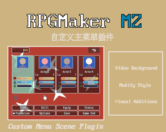 RPGMaker MZ - Custom Main Menu Scene Plugin by arrosev RPGMaker MZ - Custom Main Menu Scene Plugin by arrosev