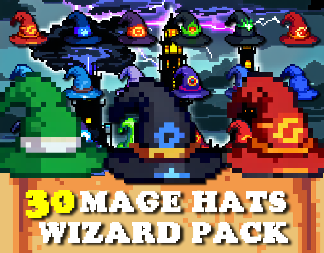 30+ Mage Hat Pack - Pixelart / Pixel Art sprite Wizard Hat Pack RPG by CaptainSkolot