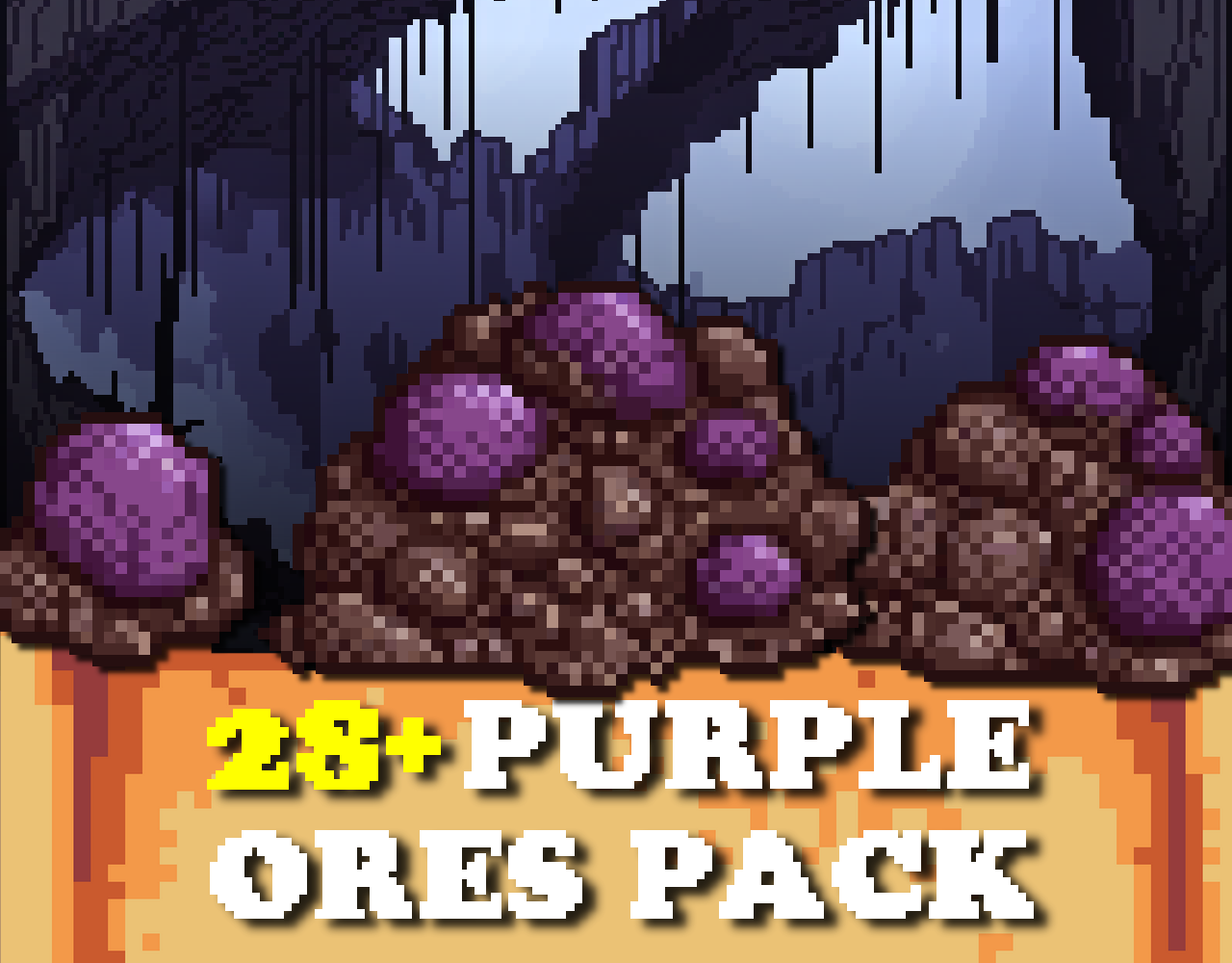28 Purple Ore Rocks Pack Top-down Assets - Pixelart / Pixel Art Rock ...