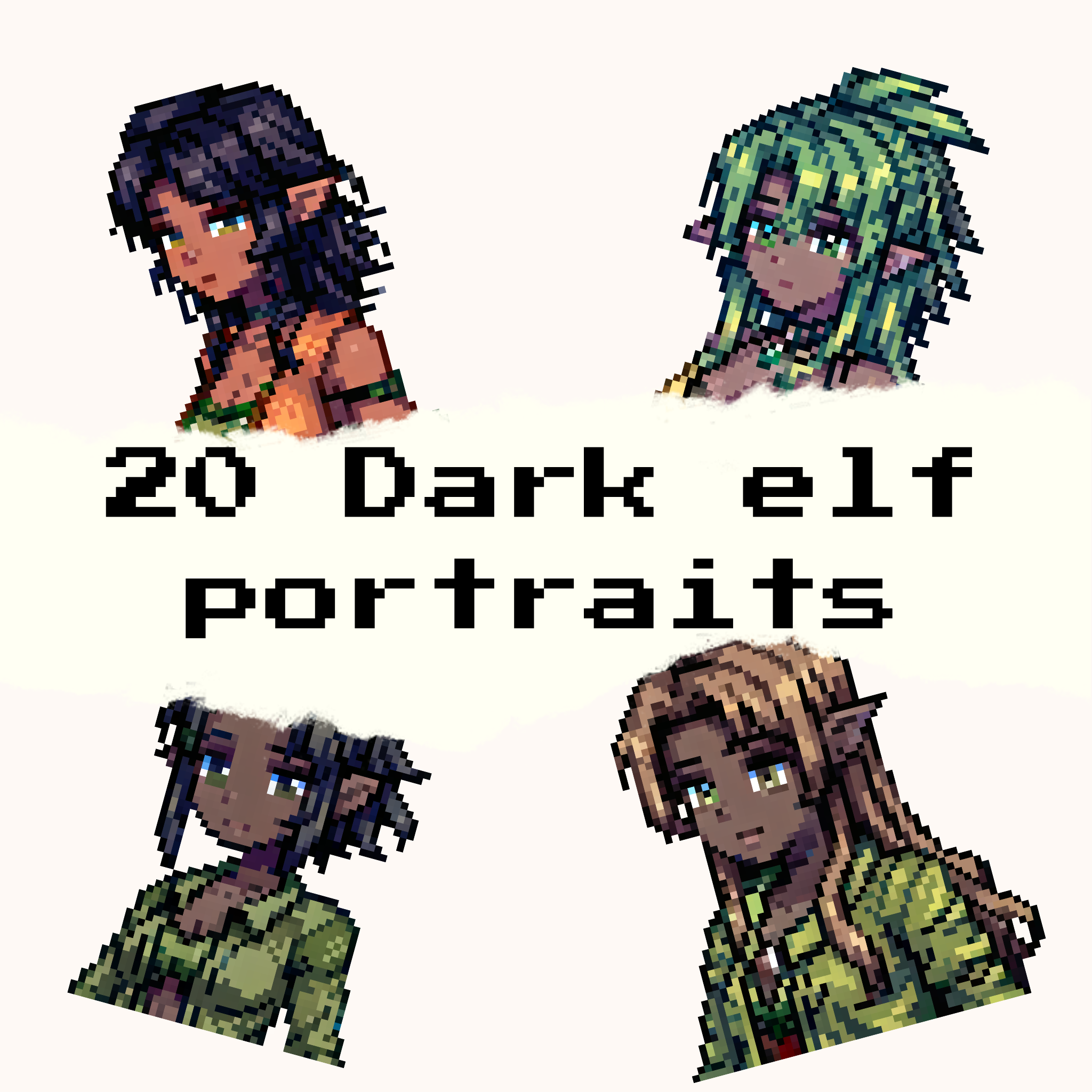 20 Female Dark Elf Portrait Assets - Pixelart / Pixel Art Asset Pack by Inking