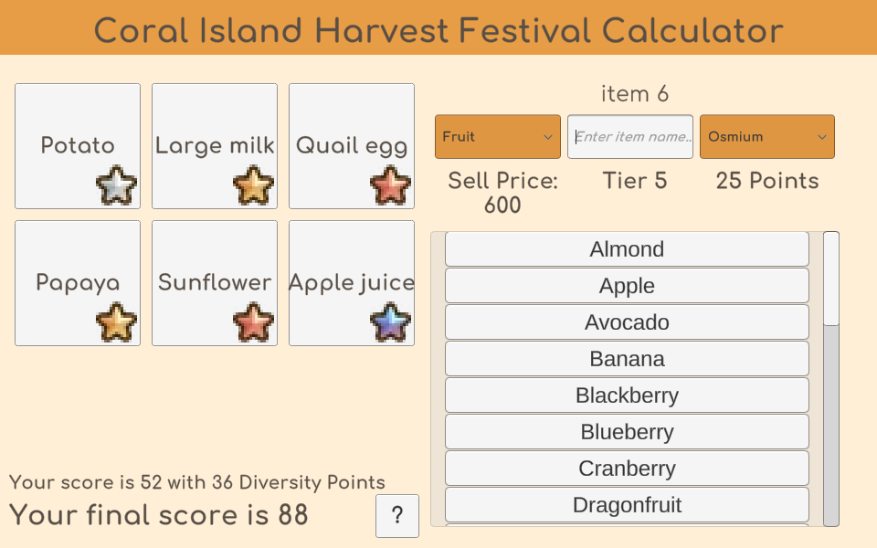 Coral Island Harvest Festival Point Calculator by MariaIsMe