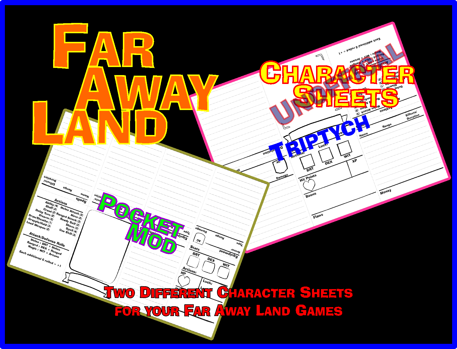 Far Away Land Character Sheets (Triptych & PocketMod) by evil_wayne